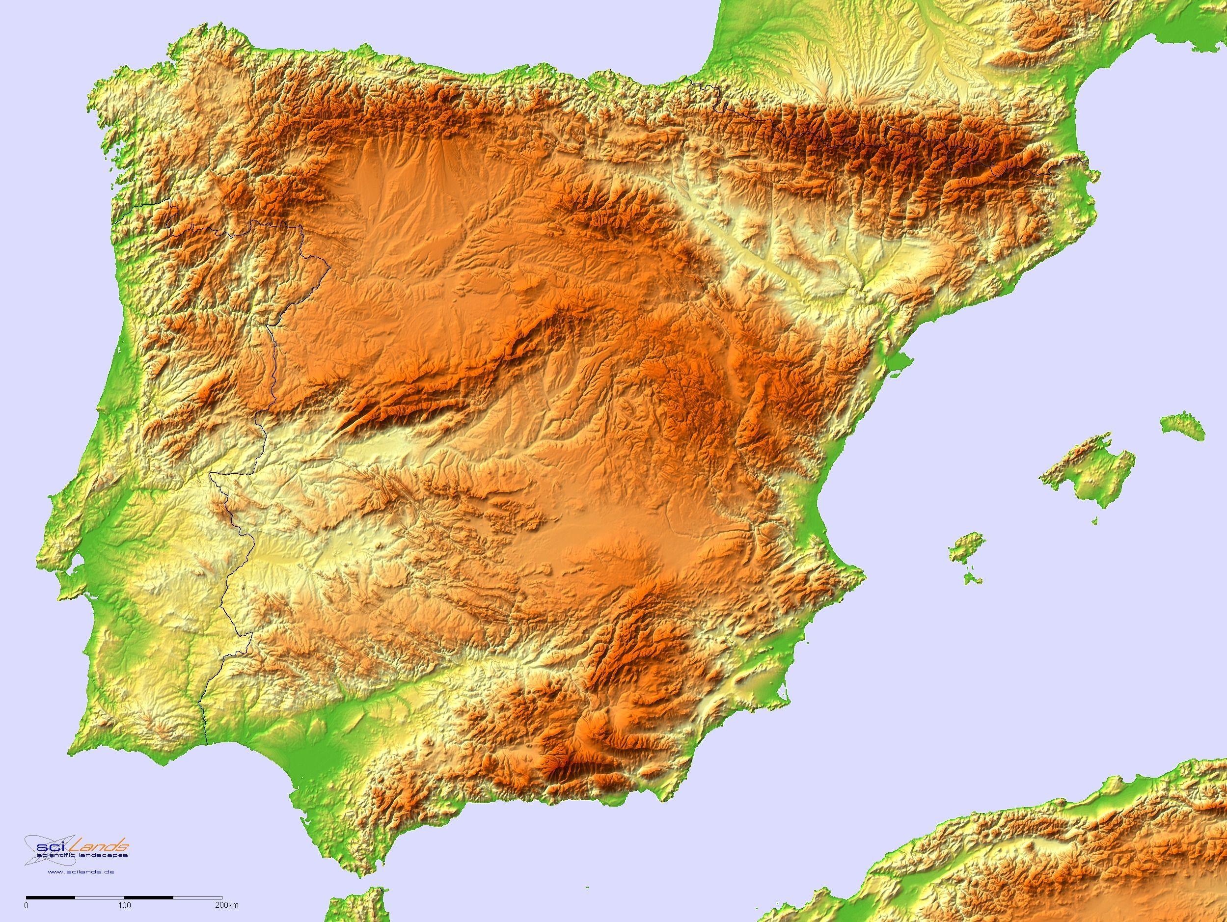 Relief map of Spain - Map of Spain relief (Southern Europe - Europe) Relief map of Spain - Map of Spain relief (Southern Europe - Europe)